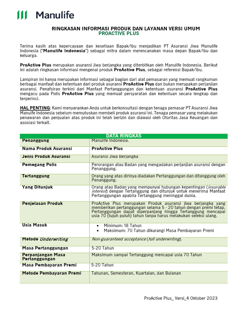 ProActive Plus-Ringkasan Informasi Produk Dan Layanan Versi Umum | PDF