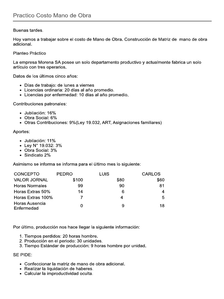 Costos - Tema Costos de Mano de Obra - Caso Practico | PDF