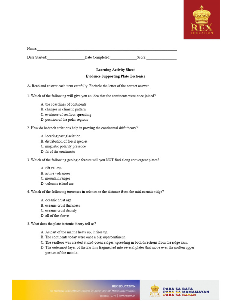 Learning Activity Sheet Evidence Supporting Plate Tectonics | PDF