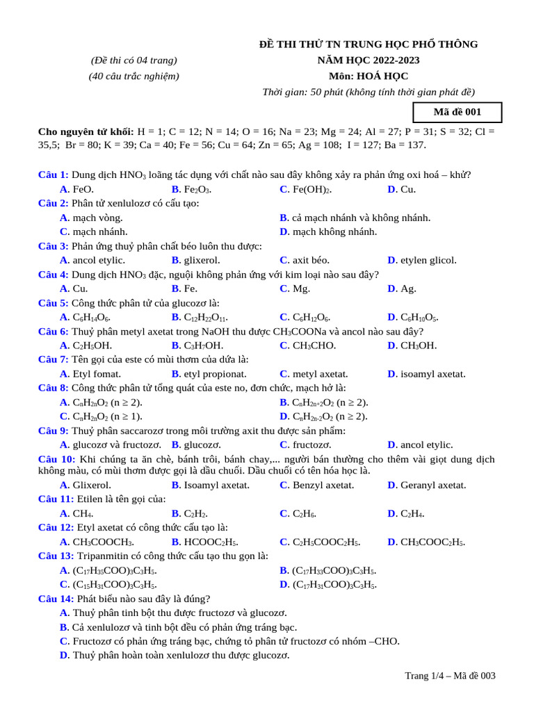 de Thi Thu TN THPT 2023 Mon Hoa Hoc THPT Ninh Giang Hai Duong Lan 1 | PDF