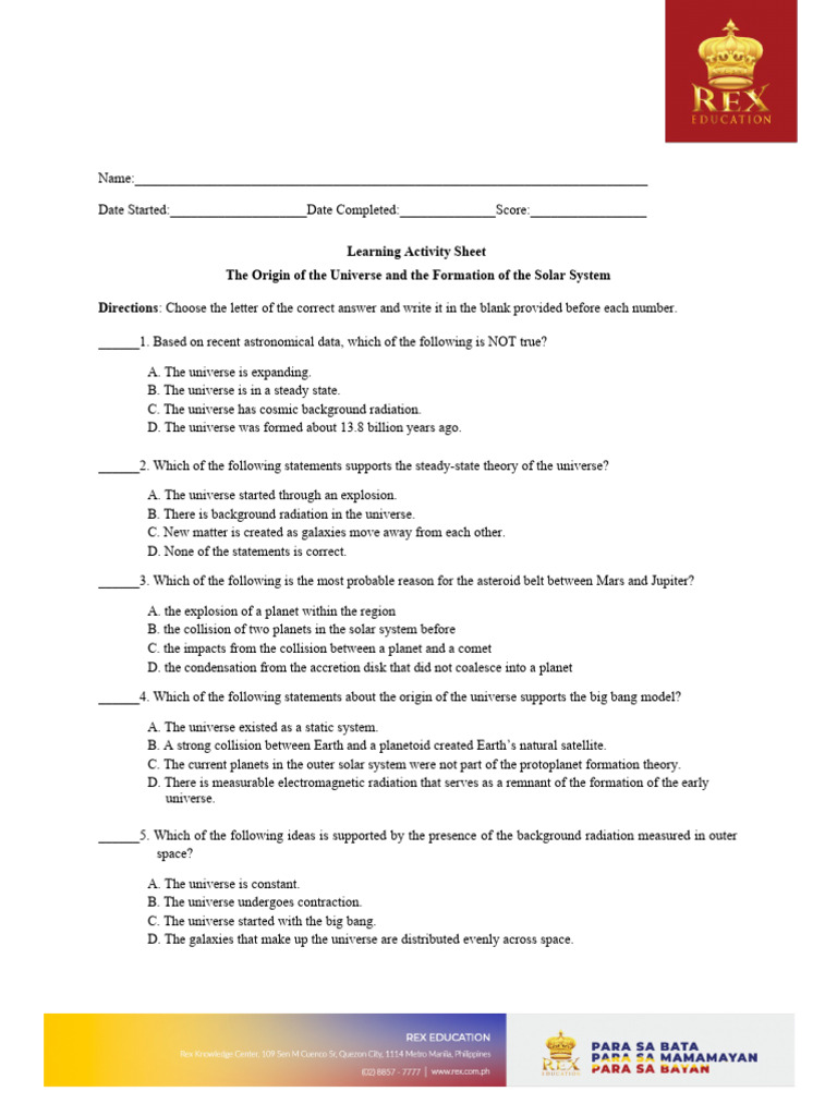 Learning Activity Sheet The Origin of The Universe and The Formation of ...