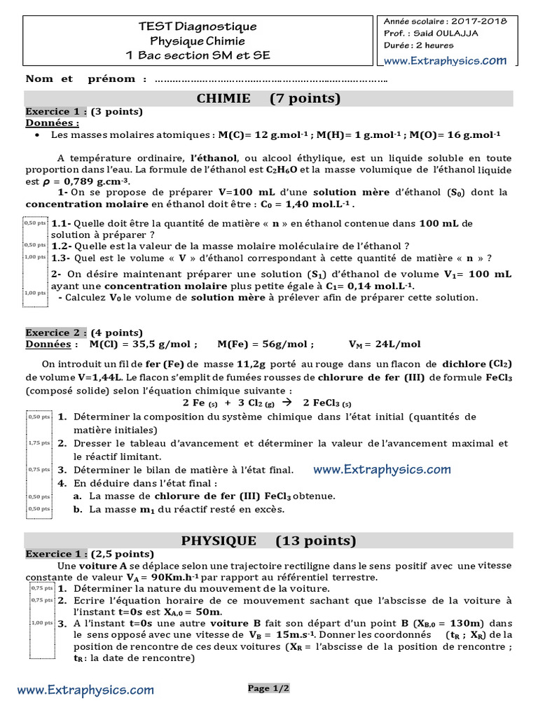Test Diagnostique 1ere Annee Bac | PDF