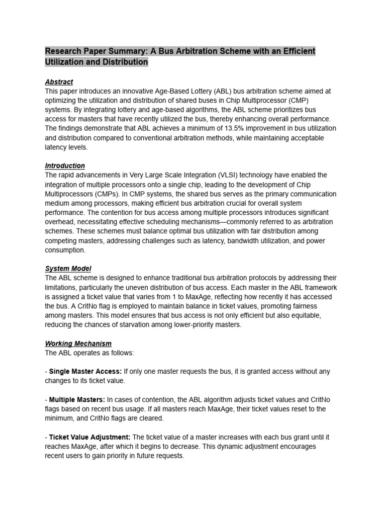 Research Paper Summary - A Bus Arbitration Scheme With An Efficient Utilization and Distribution ...