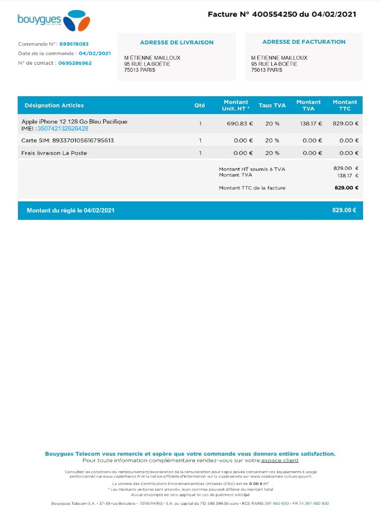 Mon Facture Iphone 12 Bouygues Telecom | PDF