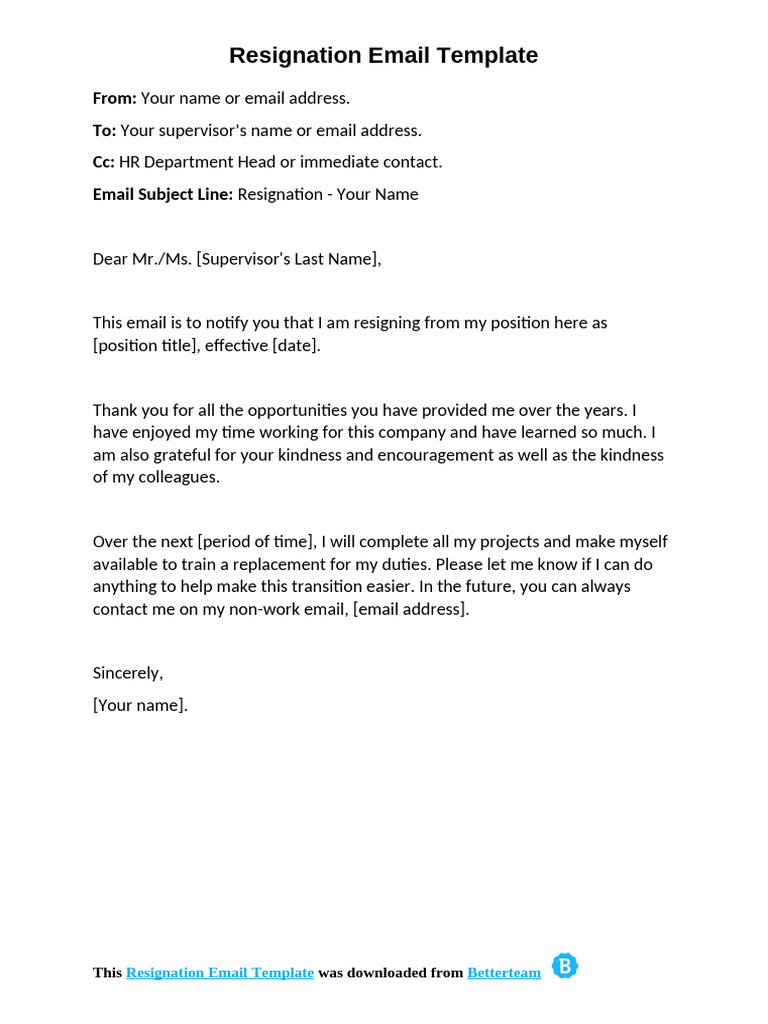 Resignation Email Template Download | PDF
