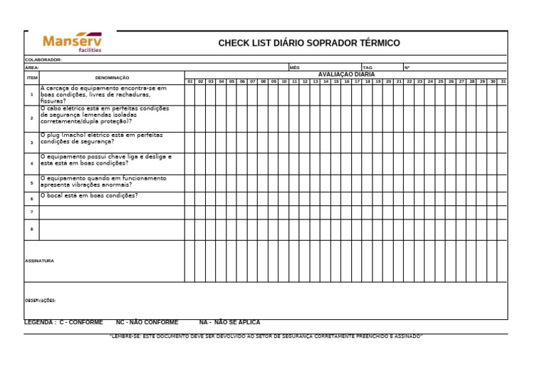 Check List Soprador Termico19 | PDF