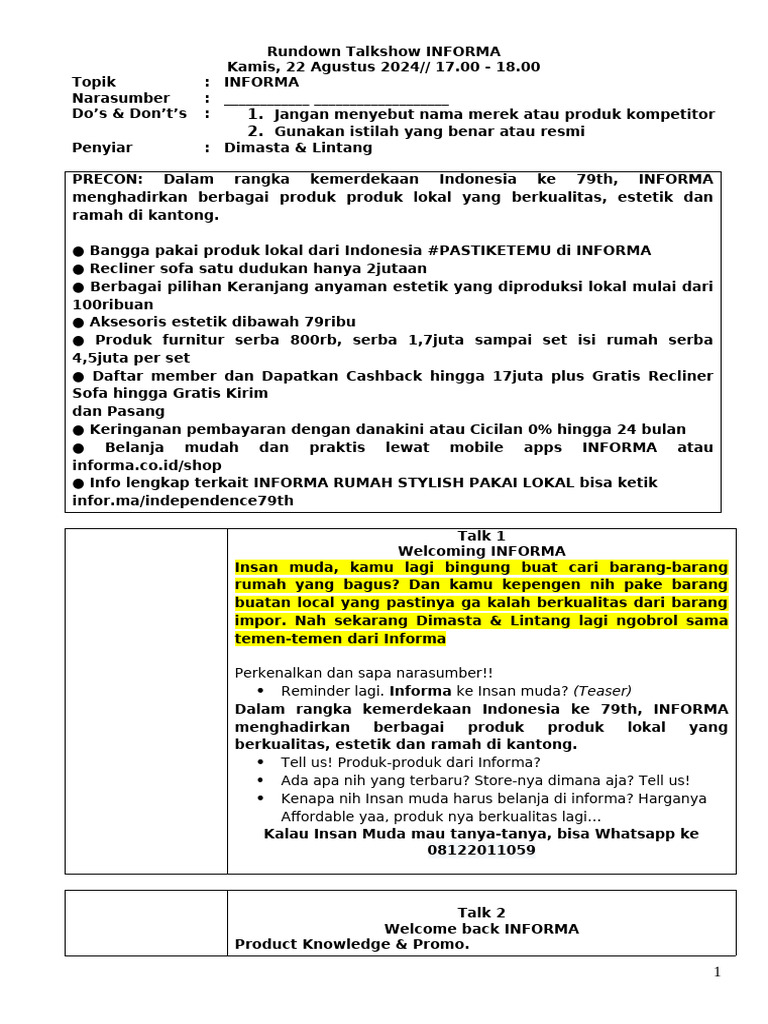 Rundown Talkshow INFORMA - 22 AGUSTUS 2024 | PDF
