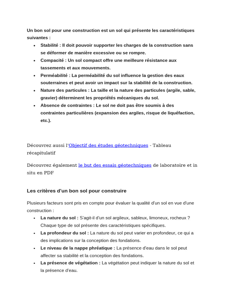 Un Bon Sol Pour Une Construction Est Un Sol Qui Présente Les ...