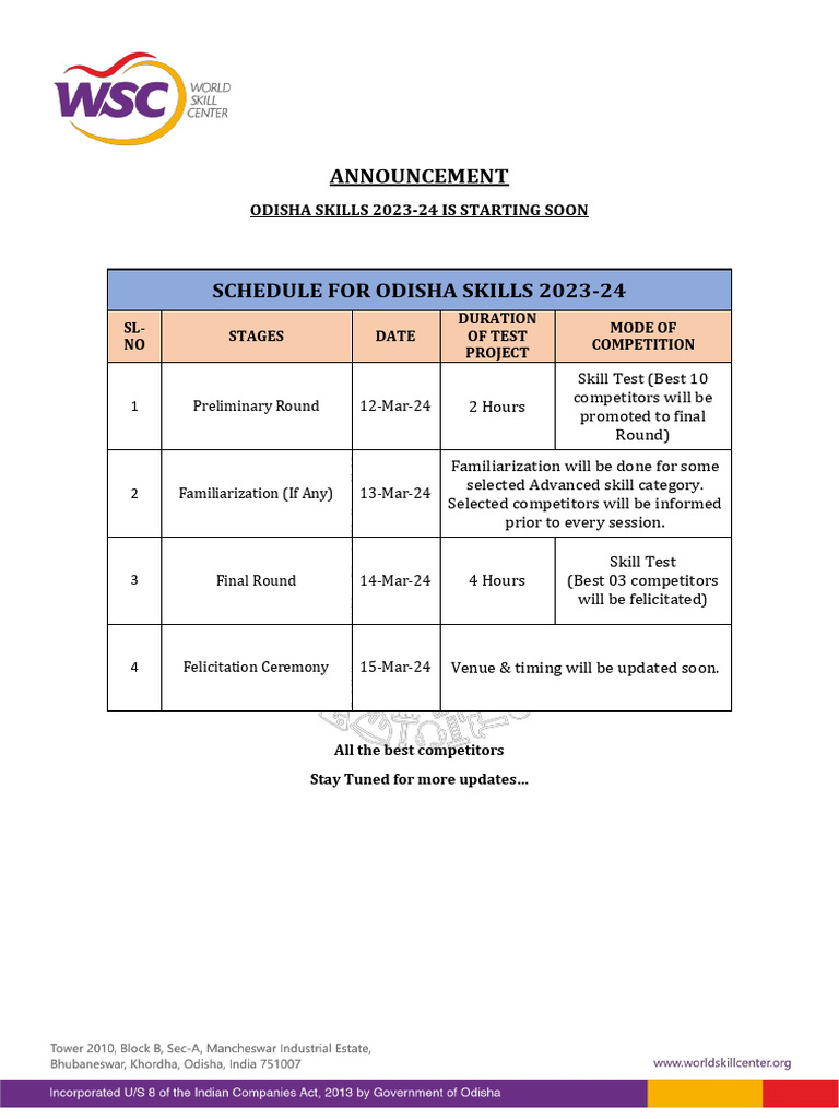 Odisha Skills 2023-24 Schedule | PDF