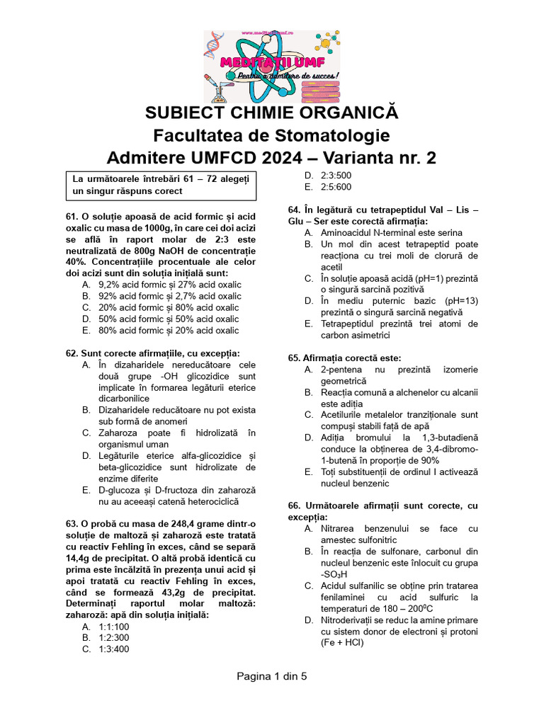 Admitere MD 2024 - Chimieorganica | PDF | Molecules | Functional Group