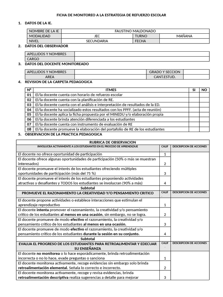 Ficha de Monitoreo A La Estrategia de Refuerzo Escolar y Coordinadores ...