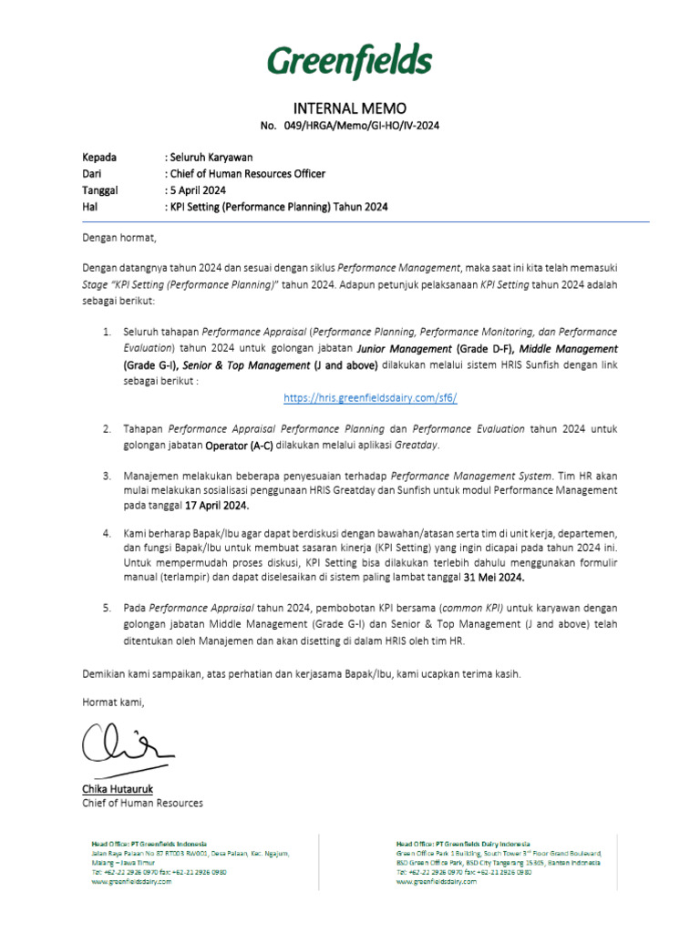 Internal Memo-KPI Setting (Performance Planning) Tahun 2024 | PDF ...