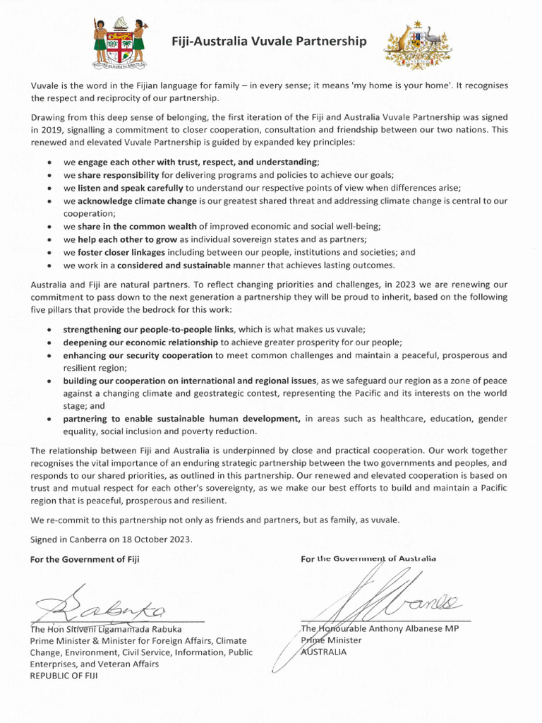 Fiji-Australia Vuvale Partnership 2023 | PDF | Fiji | International ...