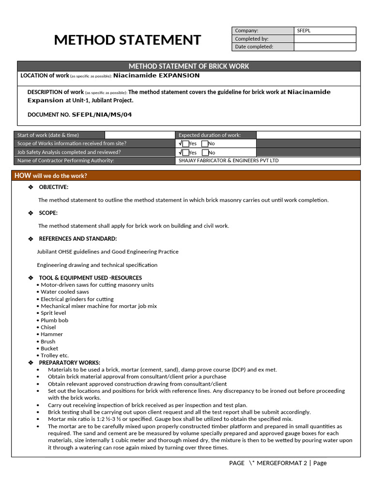 Brick Work Method Statement | PDF