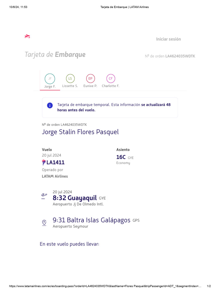 Tarjeta de Embarque - STALIN FLORES LATAM Airlines | PDF