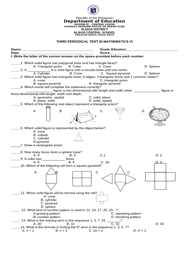 Mathematics 6 Third Periodical Test | PDF | Area | Equations
