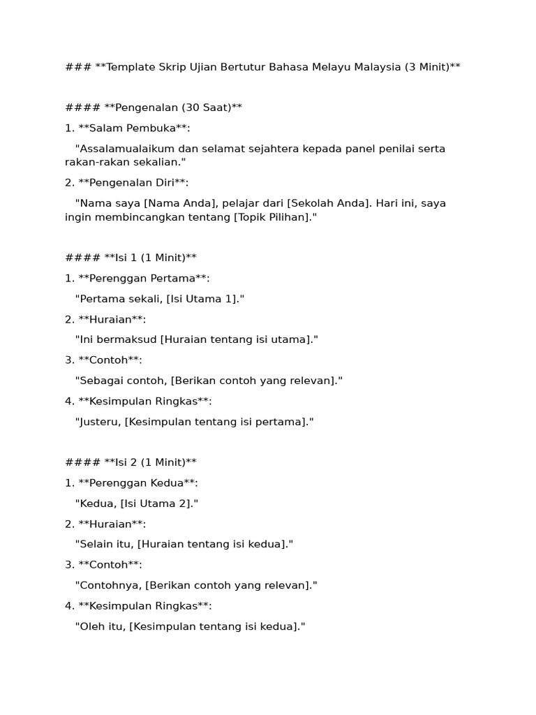 Template Skrip Ujian Bertutur Bahasa Melayu Malaysia | PDF