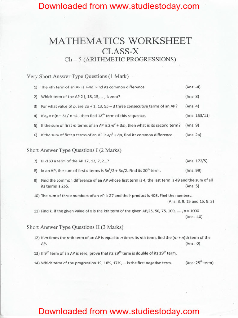 CBSE Class 10 Mathematics Worksheet - Arithmetic Progression (2) | PDF