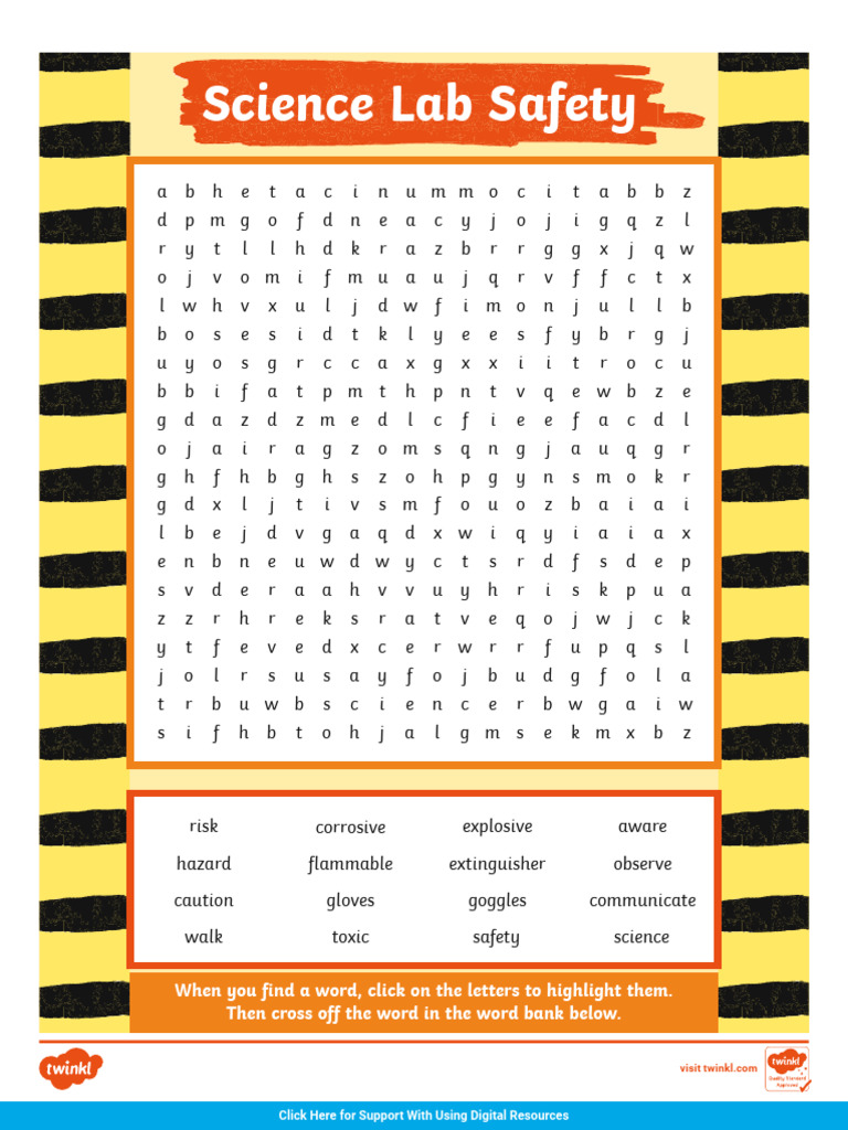 Digital Science Lab Safety Word Search For Grades 3-5 | PDF