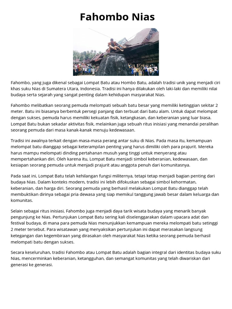 Ringkasan Tradisi Fahombo (Lompat Batu) Dalam Budaya Suku Nias | PDF