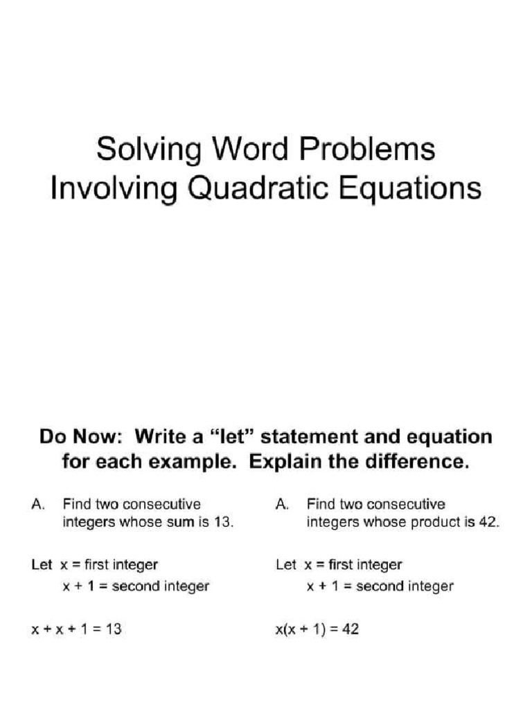 Word Problem Involving Quadratic Equation | PDF