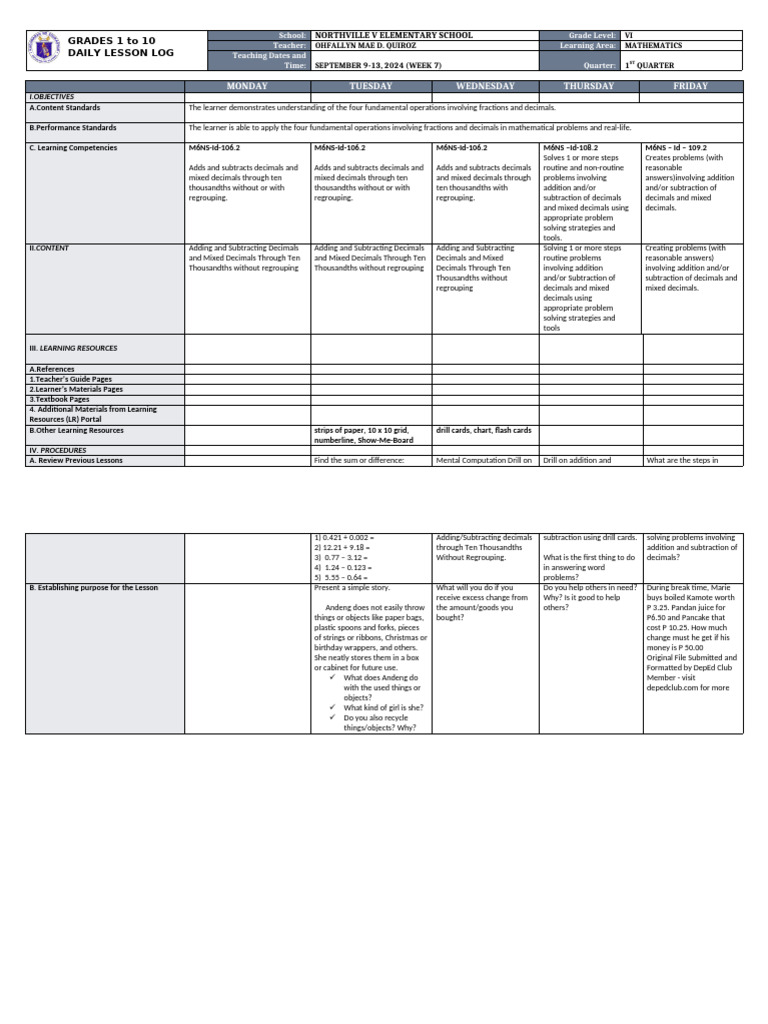 DLL Mathematics 6 q1 w4 | PDF