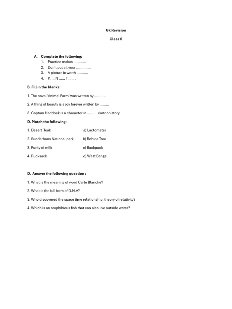 GK Revision Class 6 | PDF