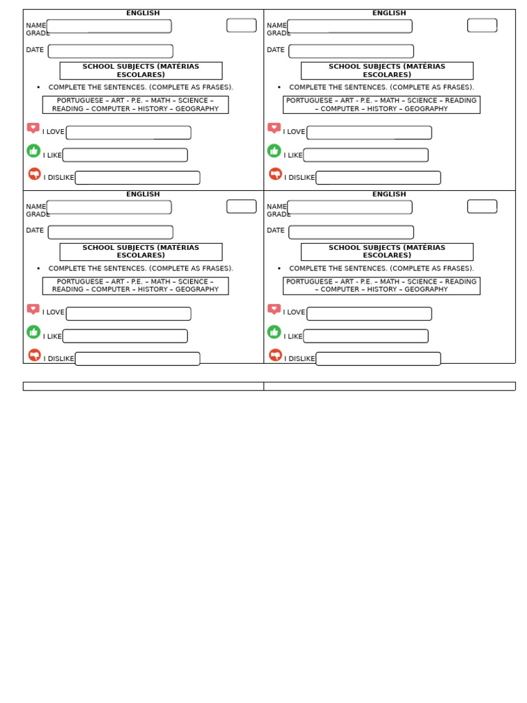 3rd Grade School Subjects - I Love I Like I Dislike | PDF
