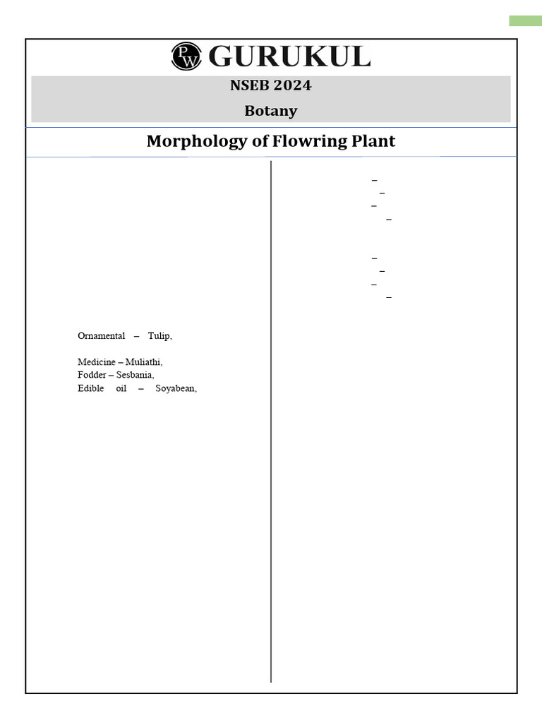 Morphology Of Flowering Plants Dpp 07 Extra Nseb 2024 Pdf