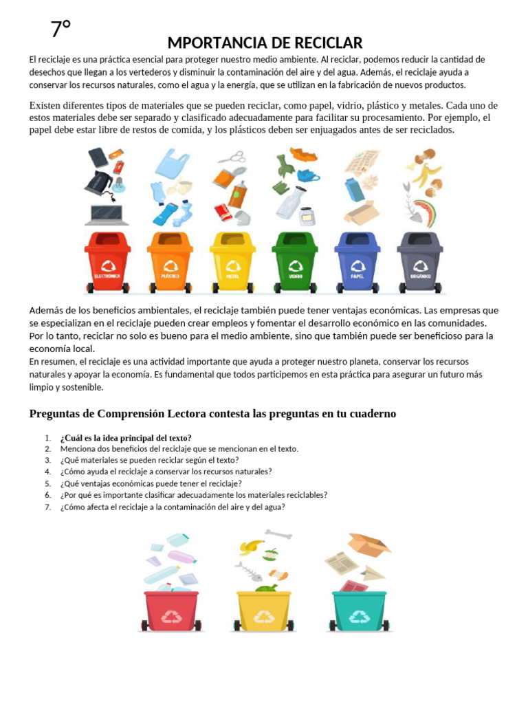 7° Comprension Lectora El Reciclaje | PDF