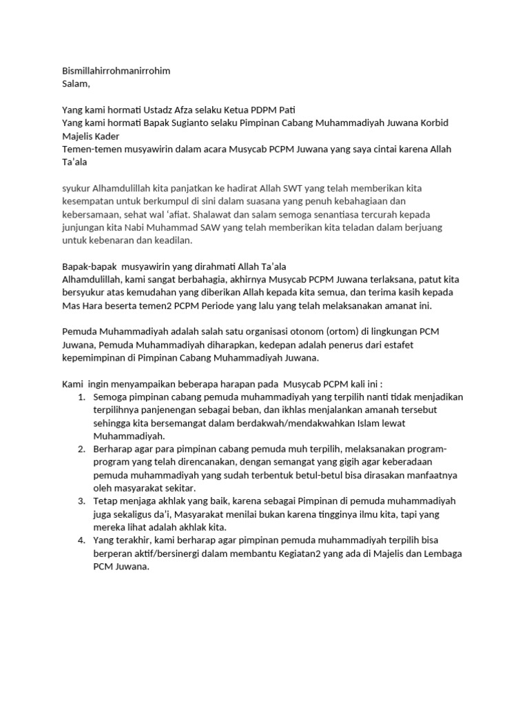 Sambutan Acara Musycab PCPM | PDF