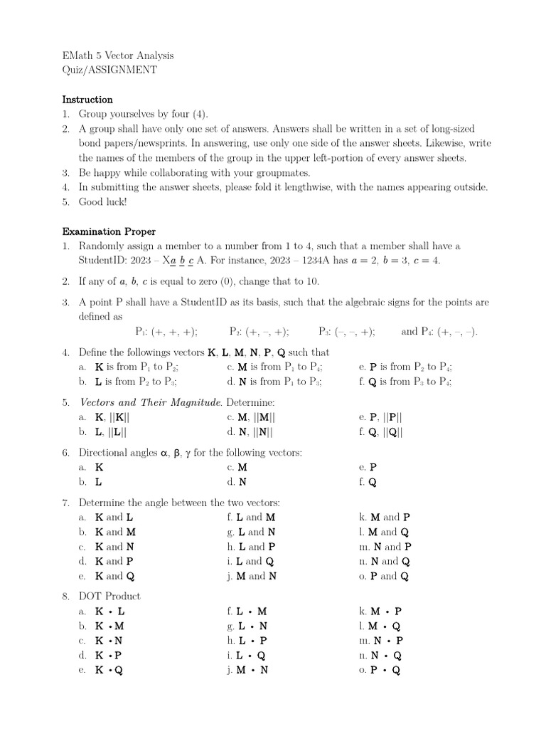 EMath 5 Vector Analysis Quiz 1 | PDF