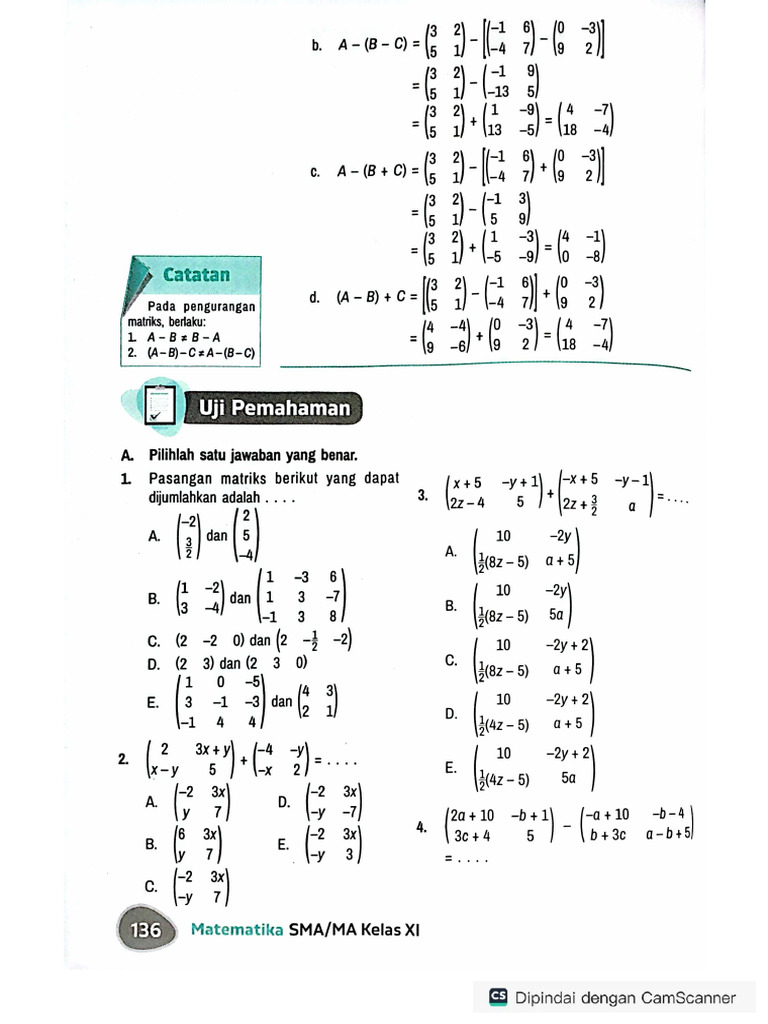 Matriks (Penjumlahan Dan Pengurangan) | PDF