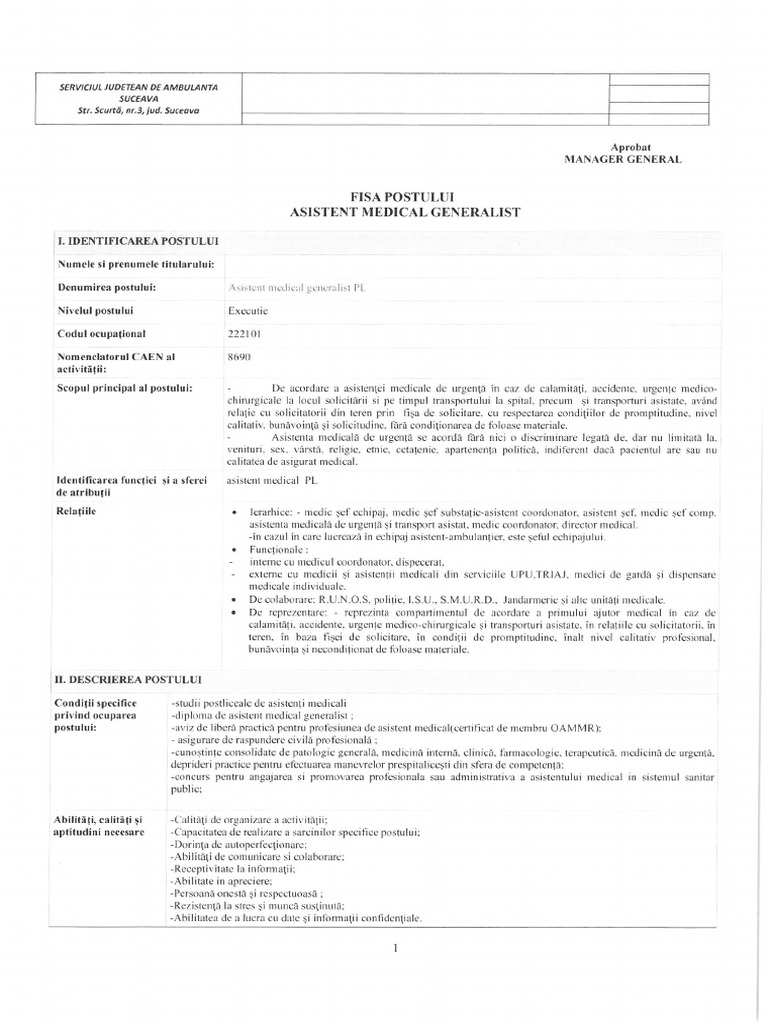 Fisa-Postului-Asistent-Medical Ambulanta | PDF