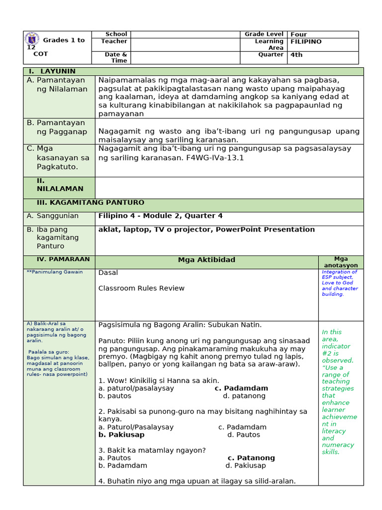 Fil 4 Q4 W2 - Nagagamit Ang Iba't-Ibang Uri NG Pangungusap Sa Pagsasalaysa NG Sariling Karanasan ...