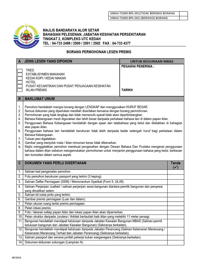 Borang Permohonan Lesen Premis Mbas 2023 | PDF