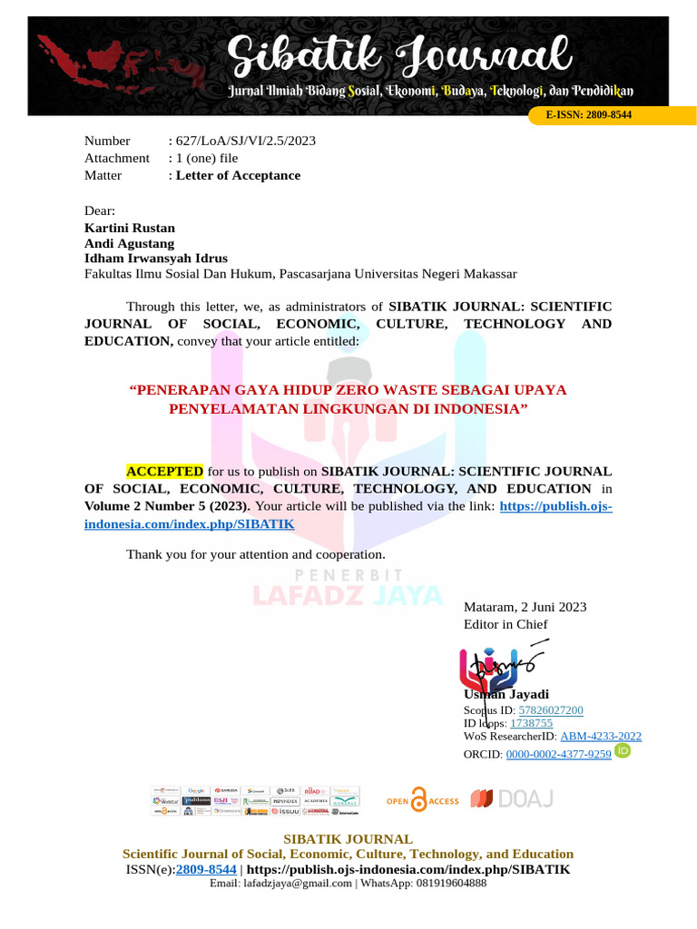 LoA - Kartini Rustan - Sibatik Journal | PDF