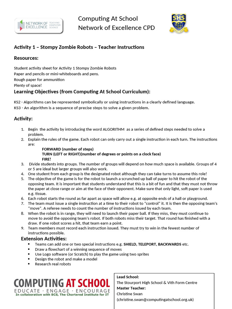 CAS CPD Session 1 Activity 1 Stompy Zombie Robots | PDF