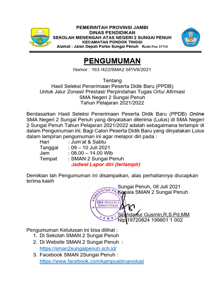 Pengumuman Kelulusan PPDB Sman 2 SPN | PDF