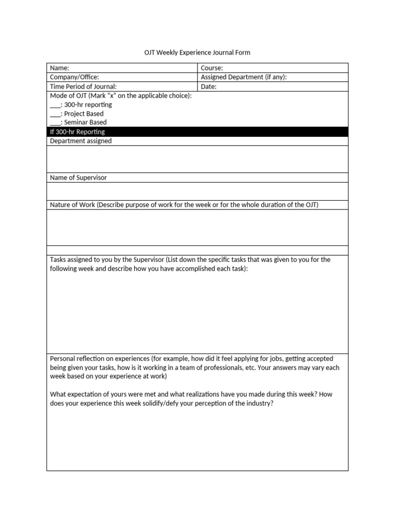 OJT Weekly Experience Journal Form | PDF