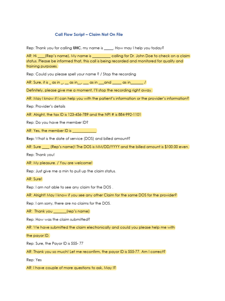 Claim Not On File - Call Script | PDF