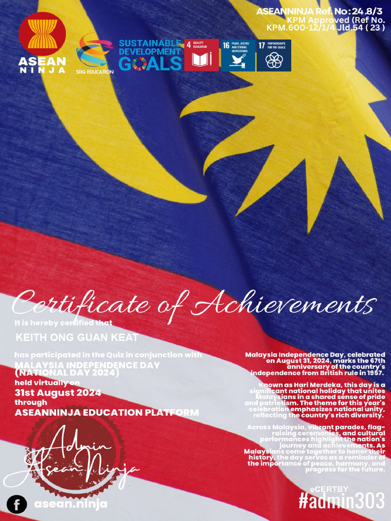 Certificate For KEITH ONG GUAN KEAT For - Quiz AseanNinja - Malaysia... | PDF
