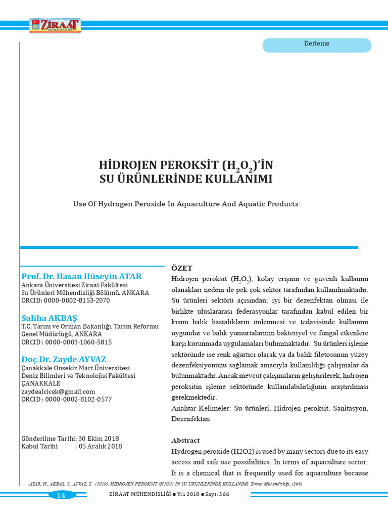 Hi̇drojen Peroksi̇t (H2o2) 'İn Su Ürünleri̇nde Kullanimi | PDF