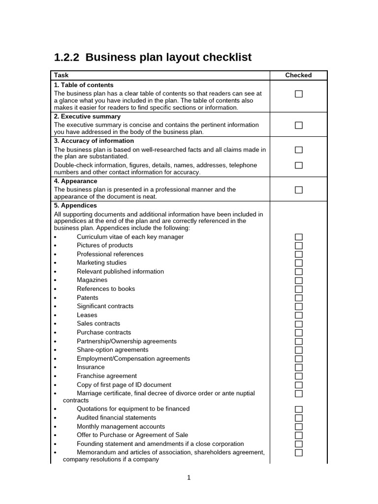 1.2.2 Business Plan Layout Checklist | PDF