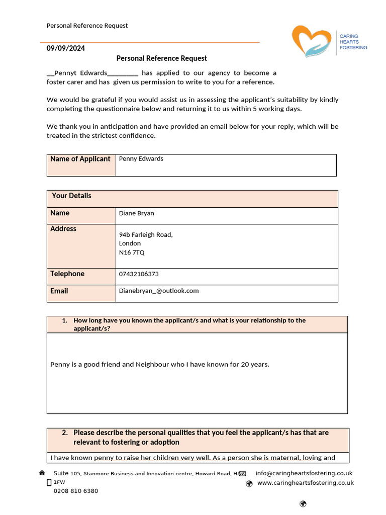 Personal Reference Request Form and Letter | PDF