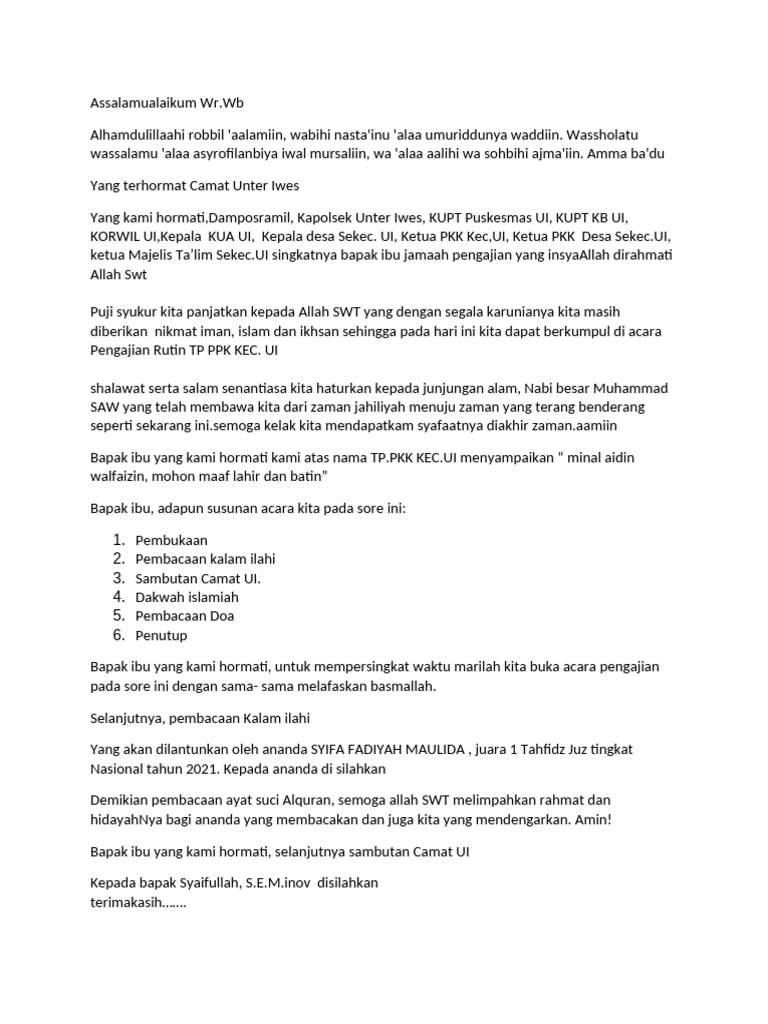 draft mc pengajian rutin TP.PKK UI | PDF