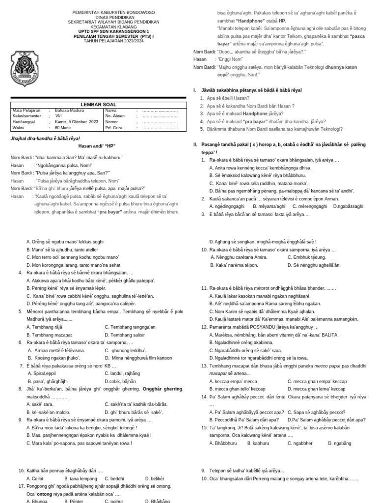Soal BHS Madura KLS 6 | PDF