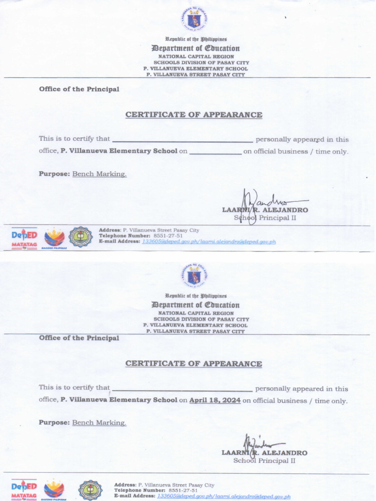 Certificate of Appearance - P.Villanueva ES - Pasay SPED Center | PDF