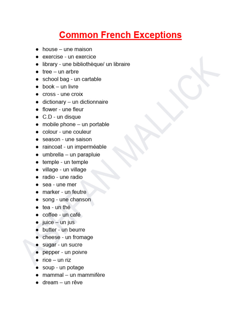 Common French Exceptions (1) | PDF