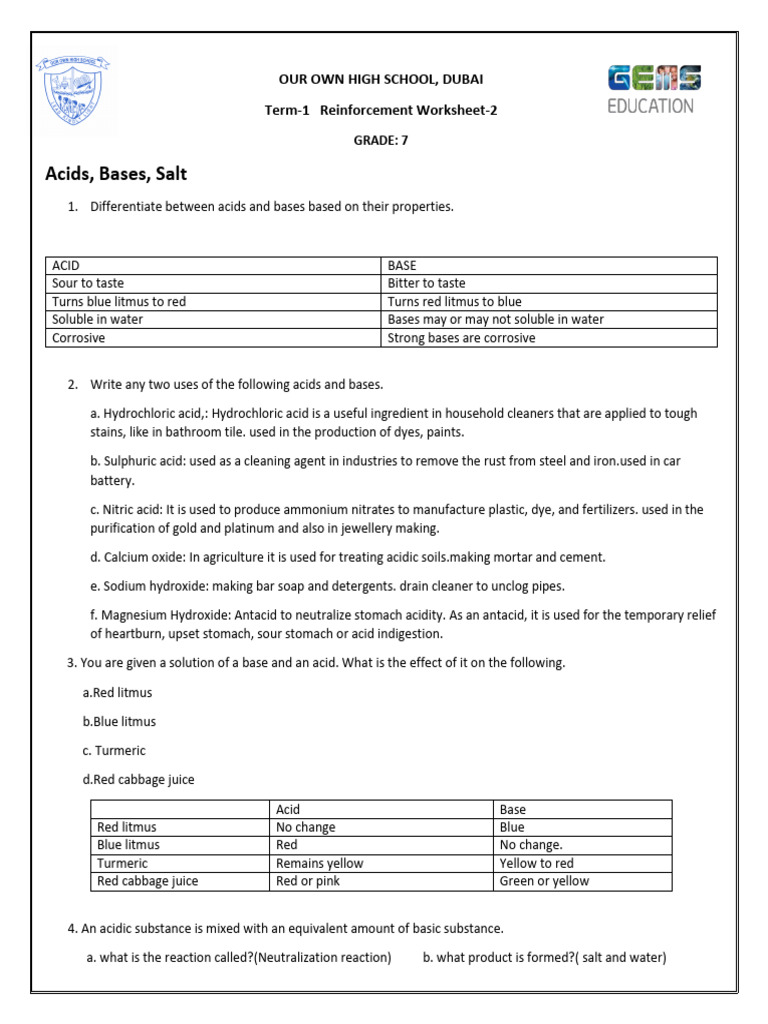 Term-1 Reinforcement Worksheet-2 With Answers | PDF